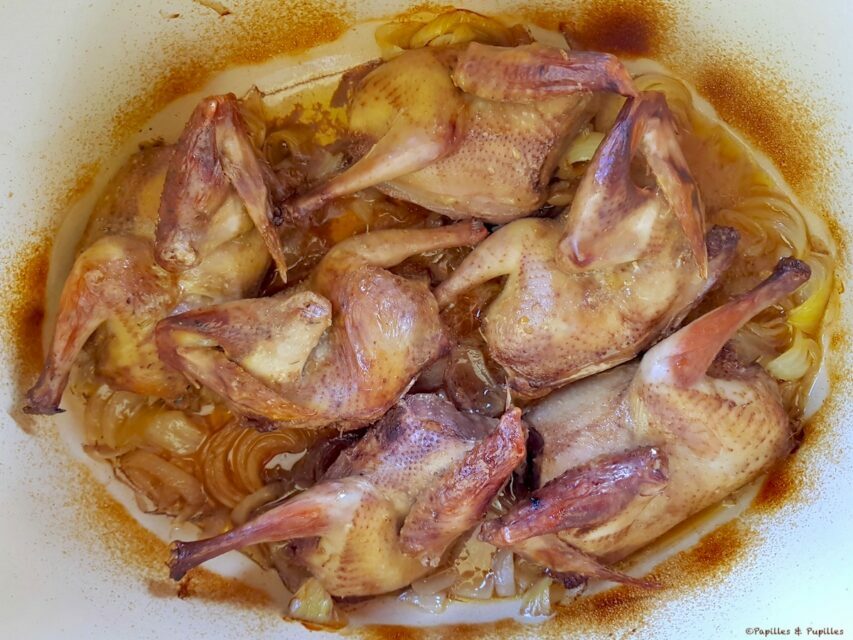 Pigeons au four en cocotte sur lit d’oignons